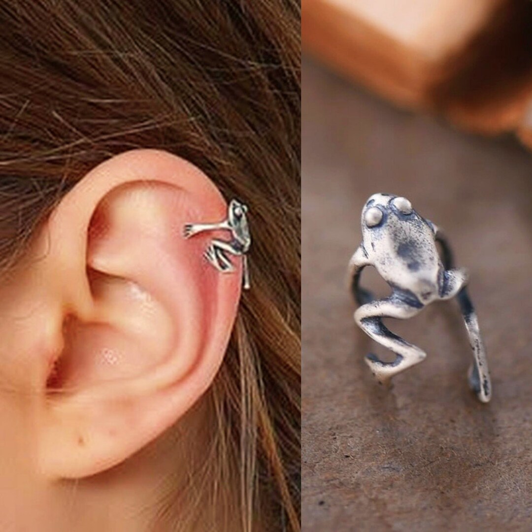 Sterling Silver Frog Ear Cuff, Frog Clip Wrap Earrings, Animal ...