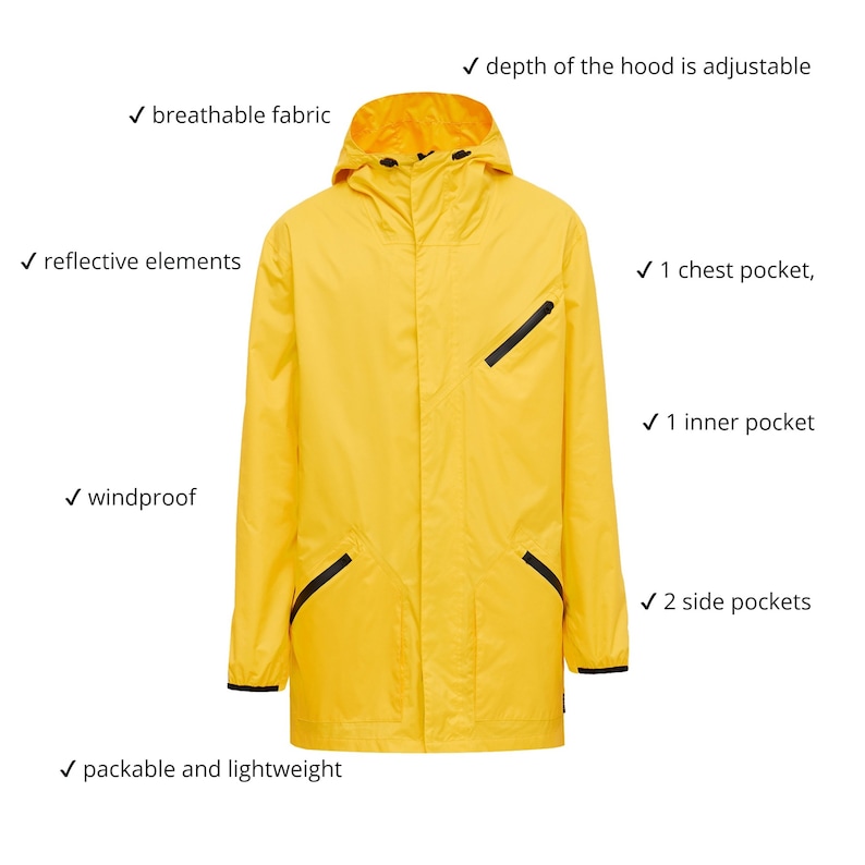 Yellow Rain Jacket for Traveling, Men Raincoat With Hood, Windproof ...