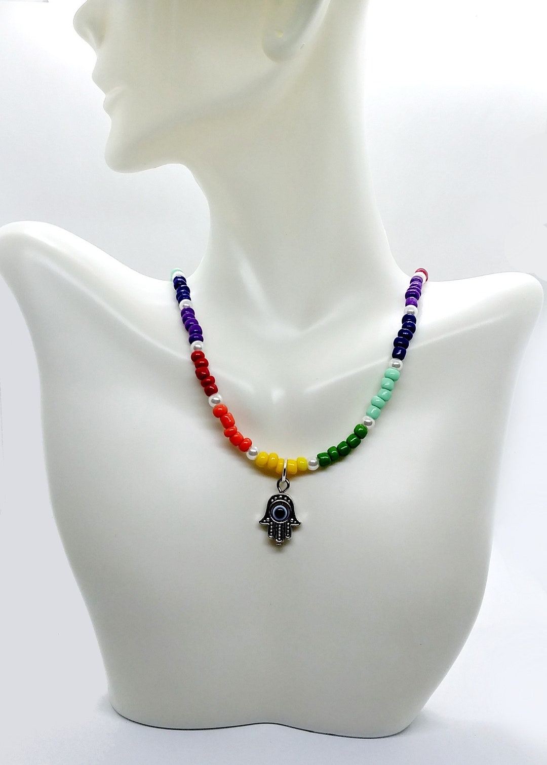 Silver Hamsa Hand Charm / 7 Chakra Rainbow Choker. Feng Shui Choker ...