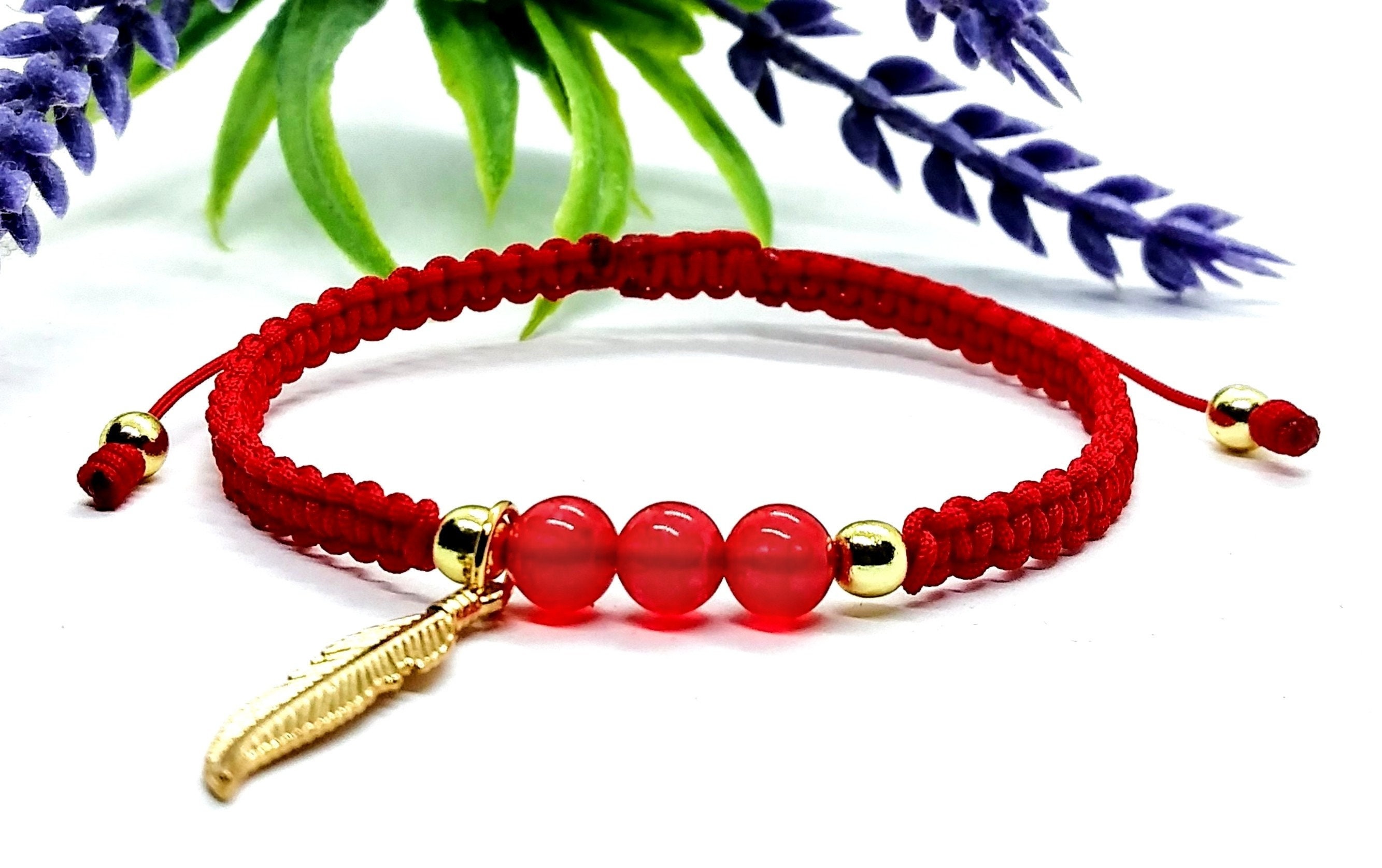 Red Jade Stones Bracelet, Gold Feather Charm Bracelet. Feng Shui ...