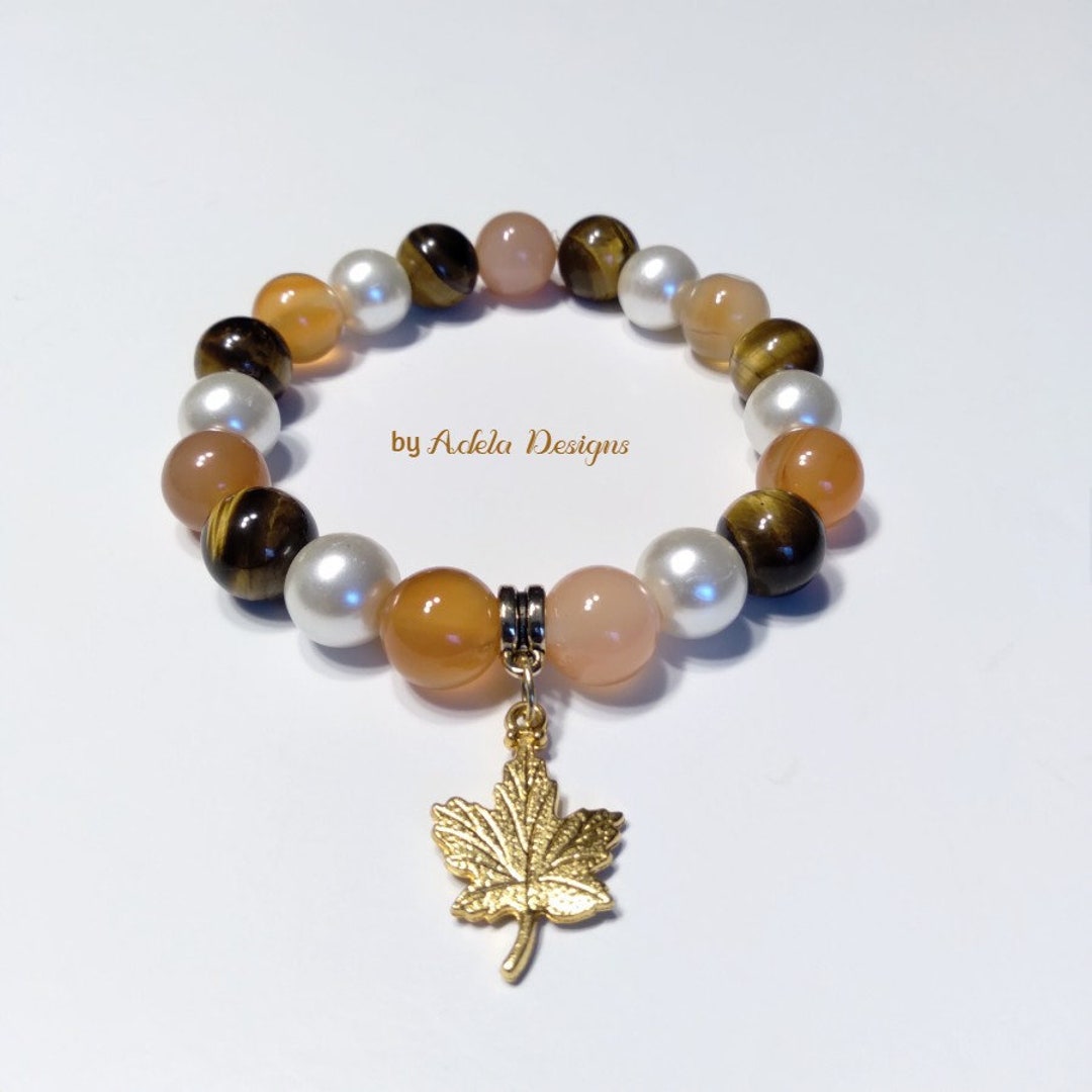 Autumn Maple Leaf Bracelet: Tiger Eye, Agate & Czech Pearl Charm - Etsy