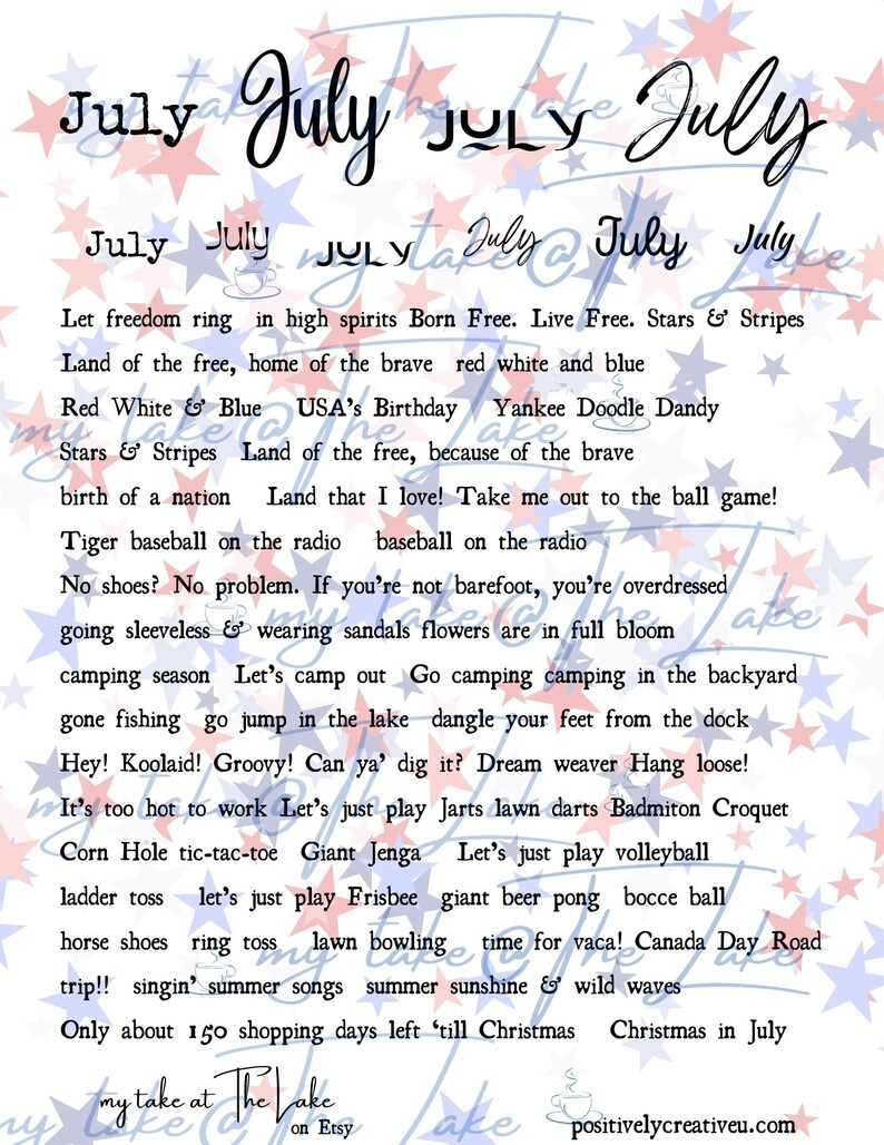 July Words, Sentiments, Quotes and Phases Digital Kit for Junk ...