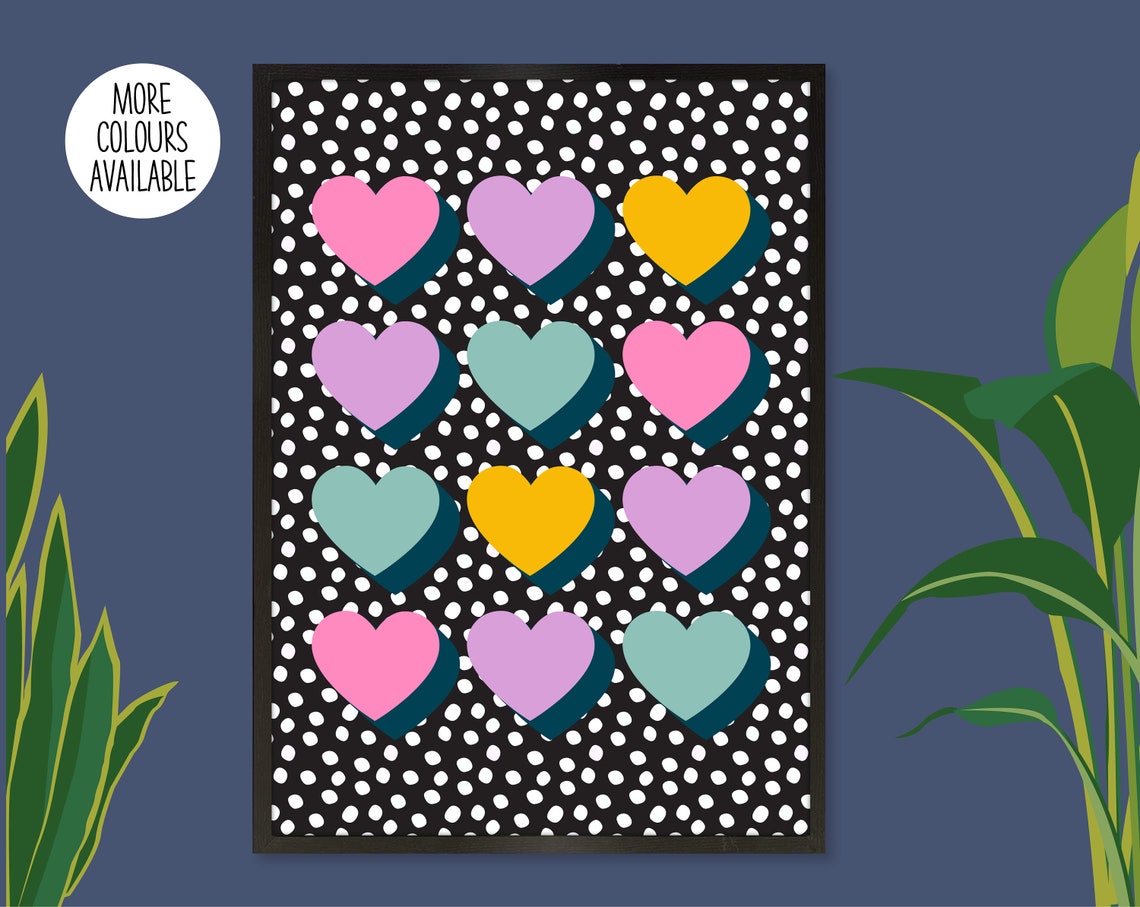 Love Hearts Print, Multi Colour Hearts Poster, Pretty Hearts Print ...