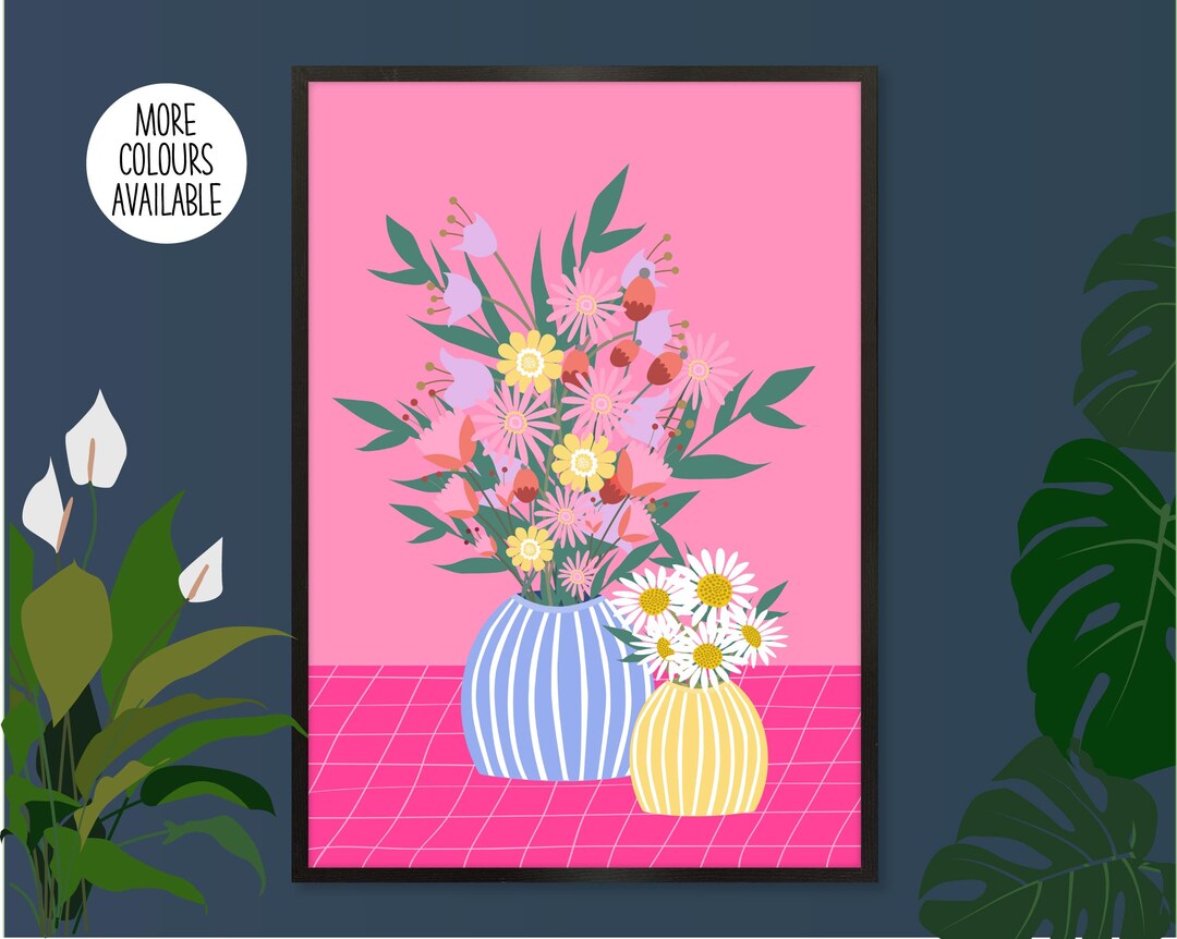 Wild Flowers in Stripey Vases Print, Bunches of Wild Flowers Print ...