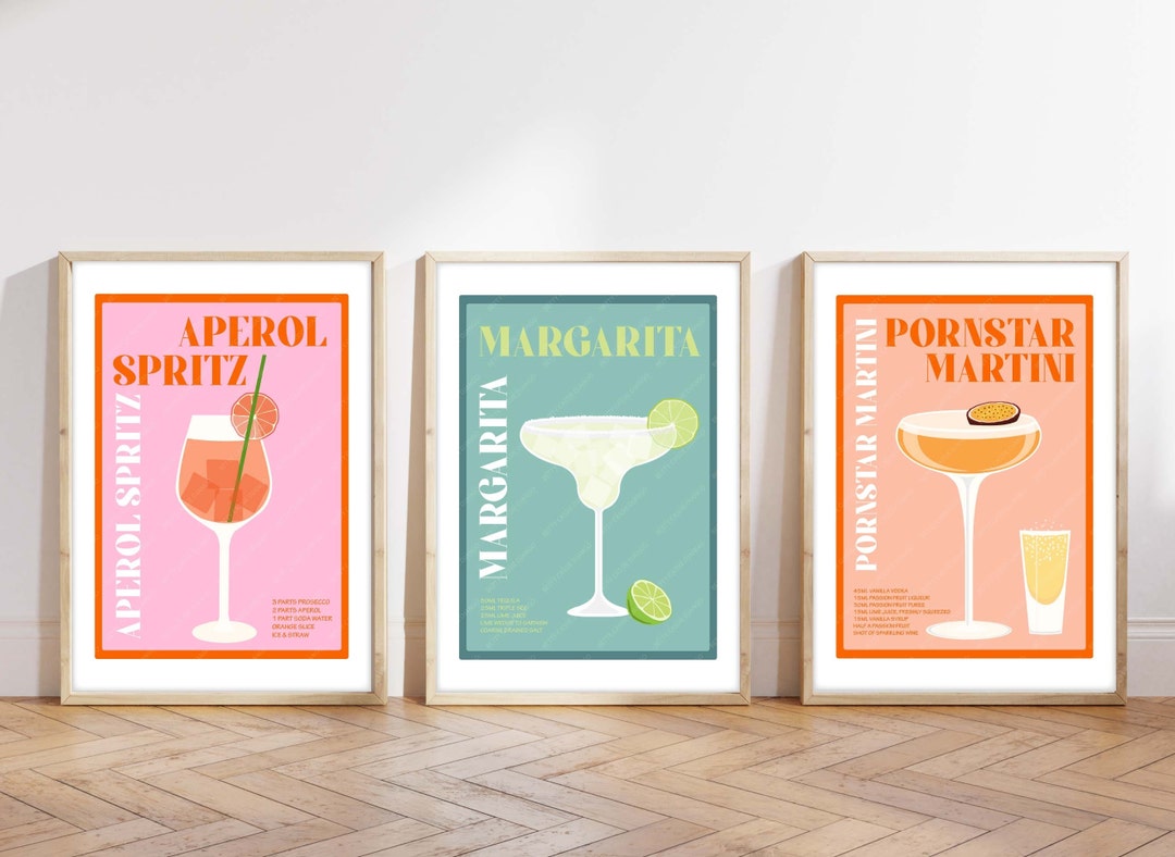 Cocktail Poster Set, Cocktail Prints, Cocktail Print Set, Pink Cocktail ...