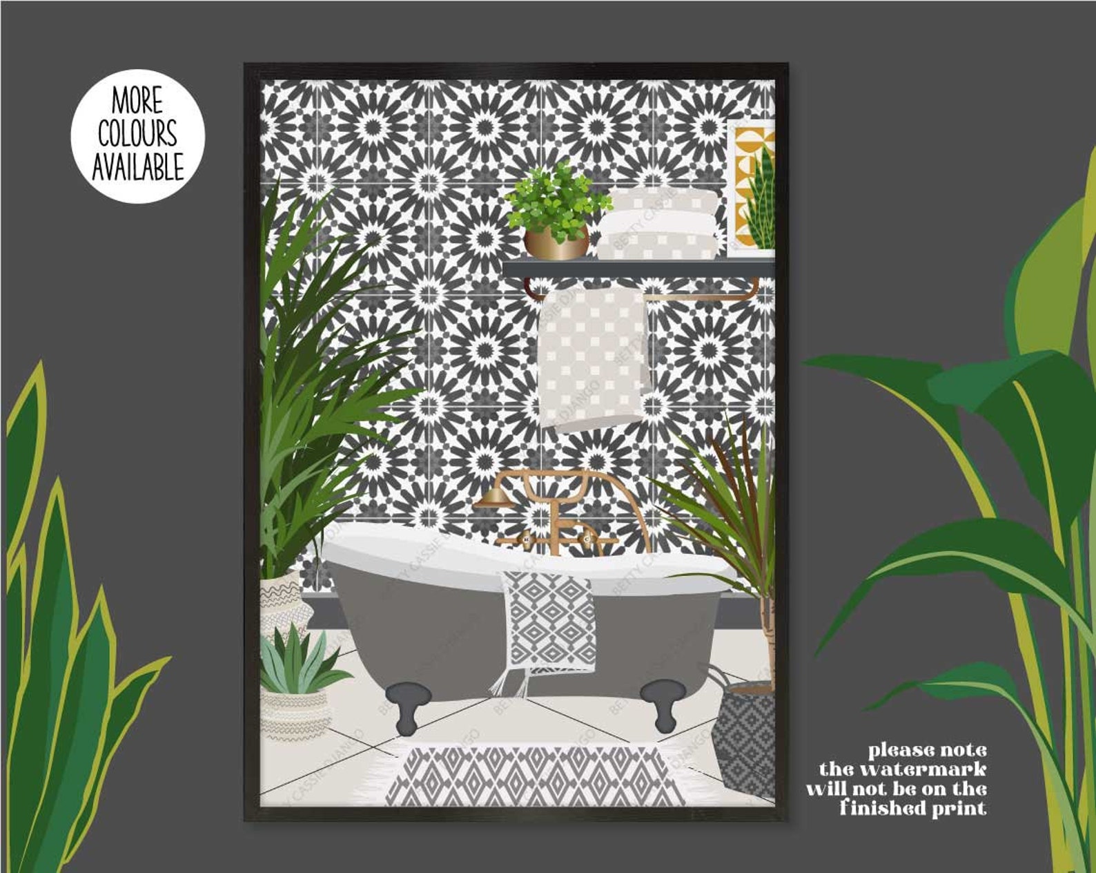 Geometric Tiled Boho Bathroom Print Bathroom Plants Print - Etsy
