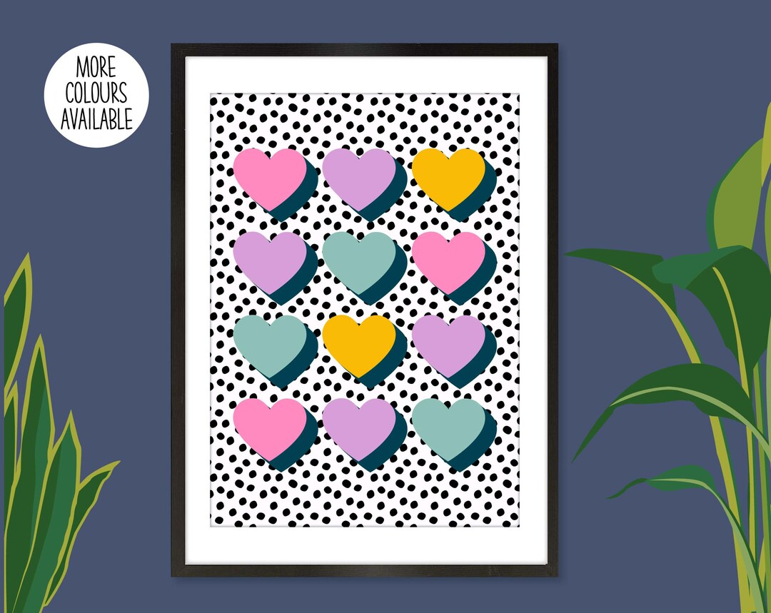 Love Hearts Print, Multi Colour Hearts Poster, Pretty Hearts Print ...