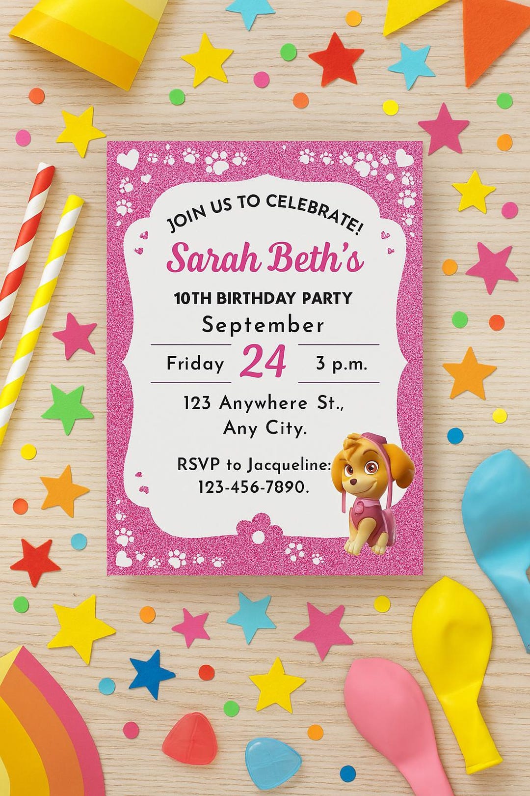 Editable Skye Paw Patrol Birthday Invitation - Sparkling Party Template ...