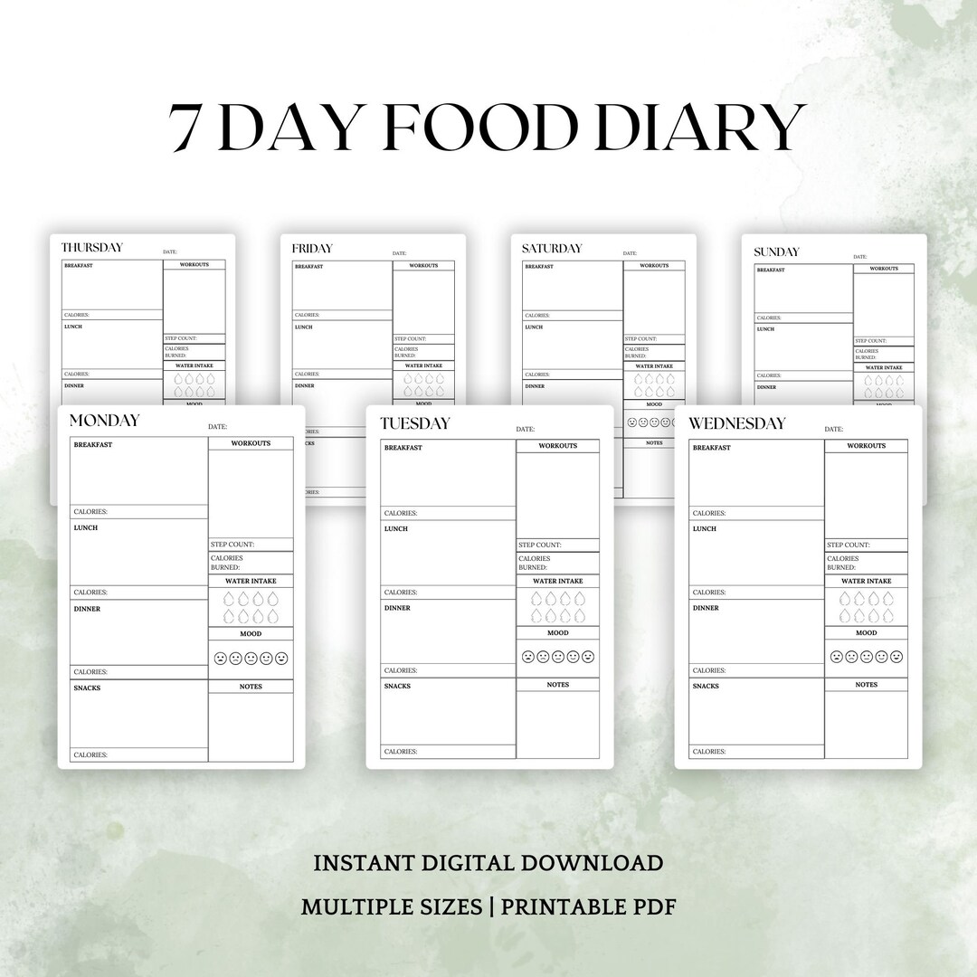 SEVEN DAY Daily Food Diary Printable, A4 A5 Printable Daily Food ...
