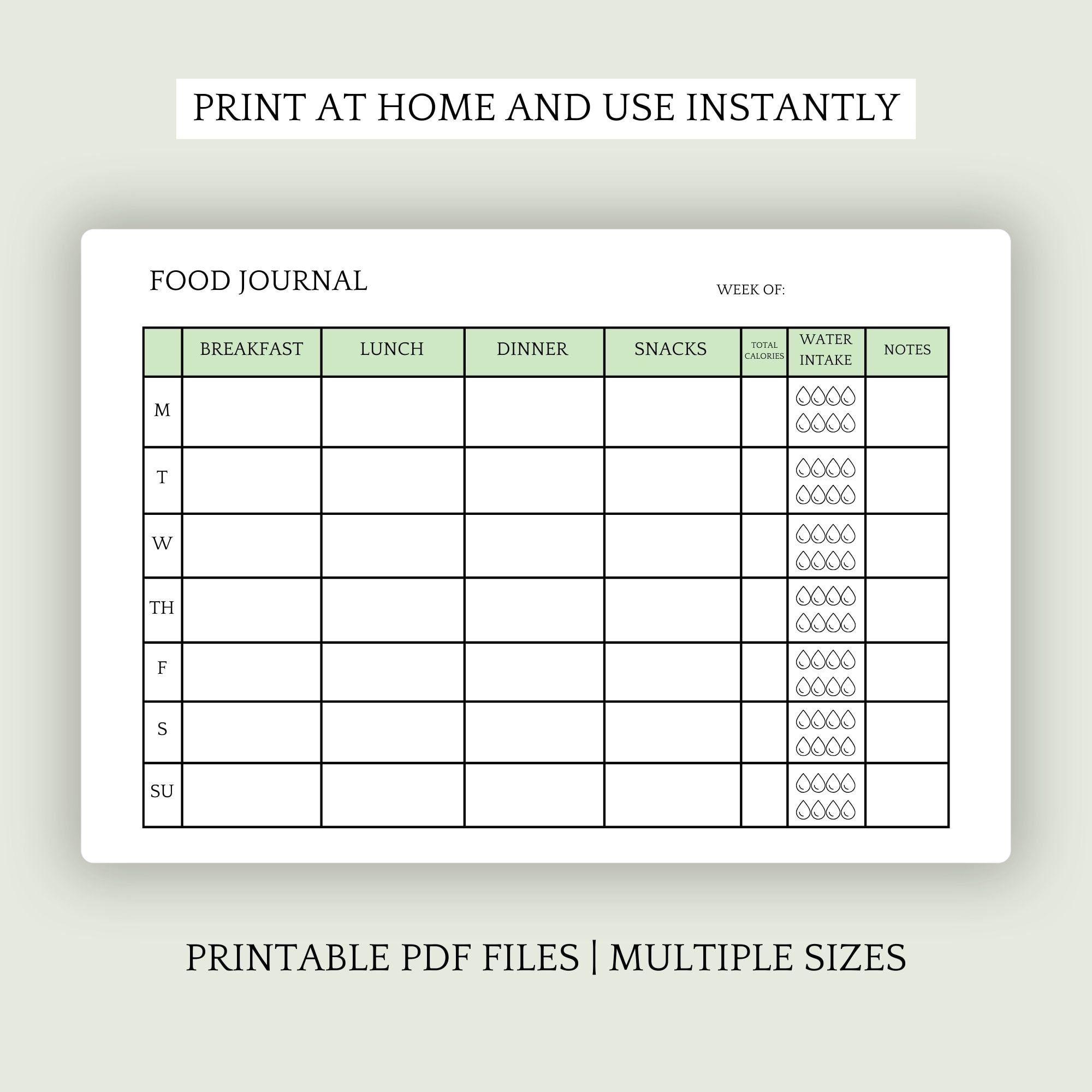 Printable Minimalist Food Journal, Weekly Food Journal With Hydration ...