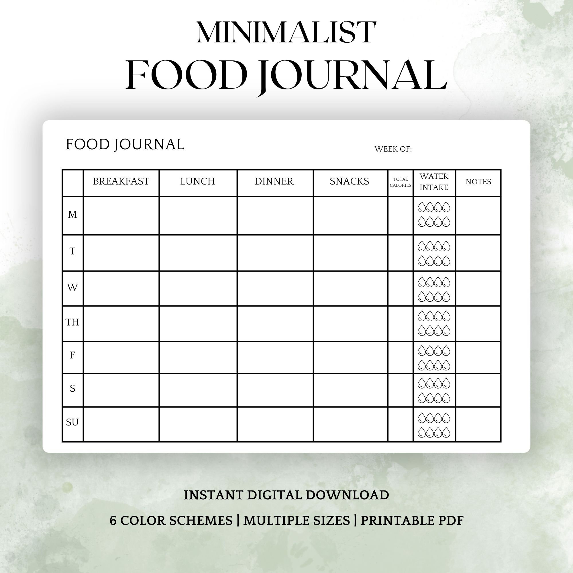 Printable Minimalist Food Journal, Weekly Food Journal With Hydration ...