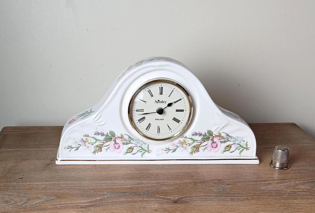Aynsley Mantle Clock Wild Tudor White Enbossed China With Floral ...