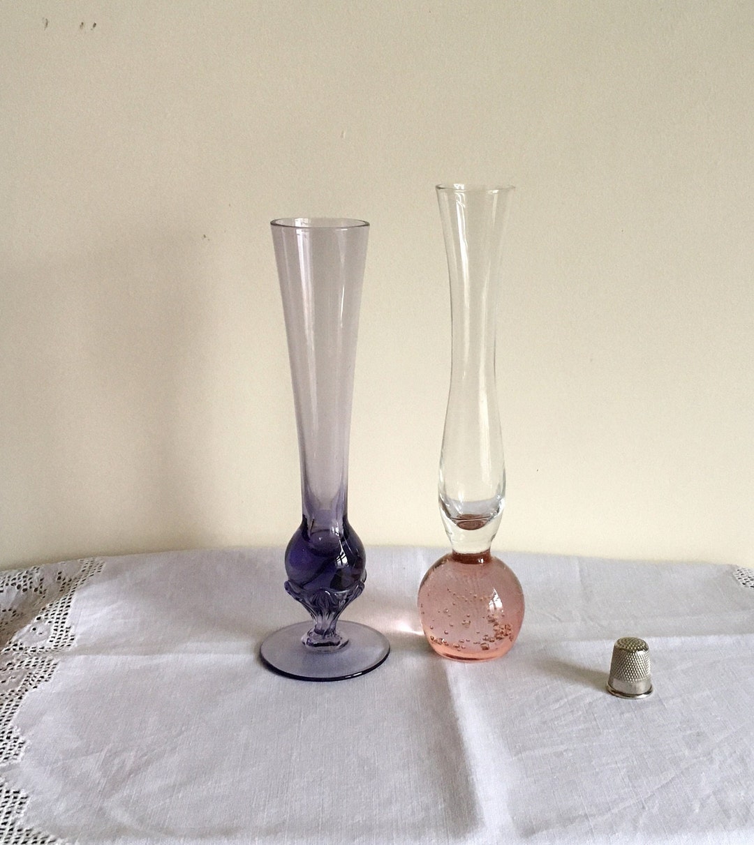 Two Glass Vintage Specimen Bud Vases for Single Stem With Blue and Pink ...