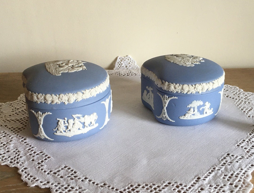 Two Wedgwood Pale Blue Jasperware Kidney Shaped Lidded Trinket Pill ...