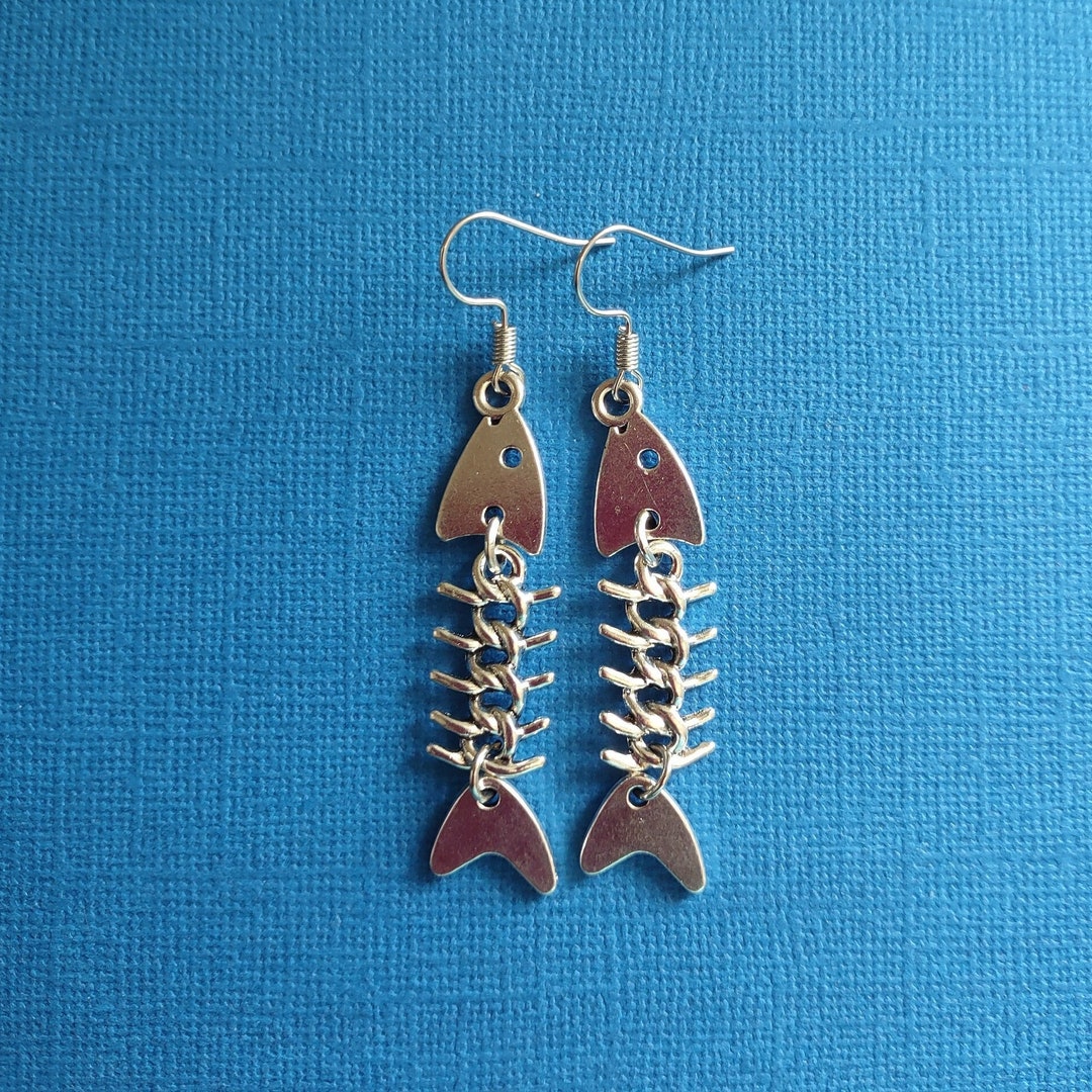 Skeleton Fish Earrings, Fishing Jewelry, Silver Antique Color ...