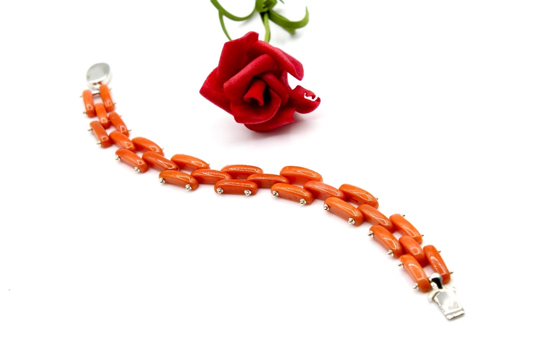 Red Coral Bracelet, 925 Sterling Silver Bracelet, Natural Red Coral ...
