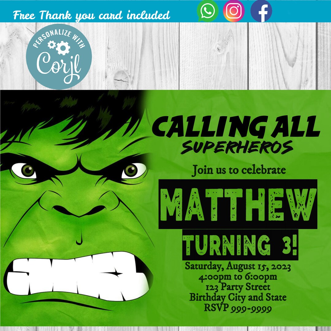 INSTANT DOWNLOAD the Hulk Birthday Invitation, the Incredible Hulk ...
