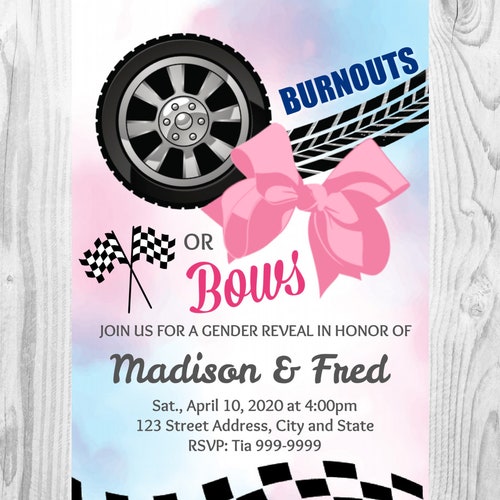 Editable Burnouts Or Bows Gender Reveal Invitation Girl Or Etsy