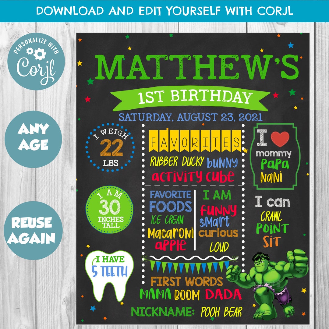 INSTANT DOWNLOAD - Hulk First Birthday Chalkboard Sign Boy Milestone ...