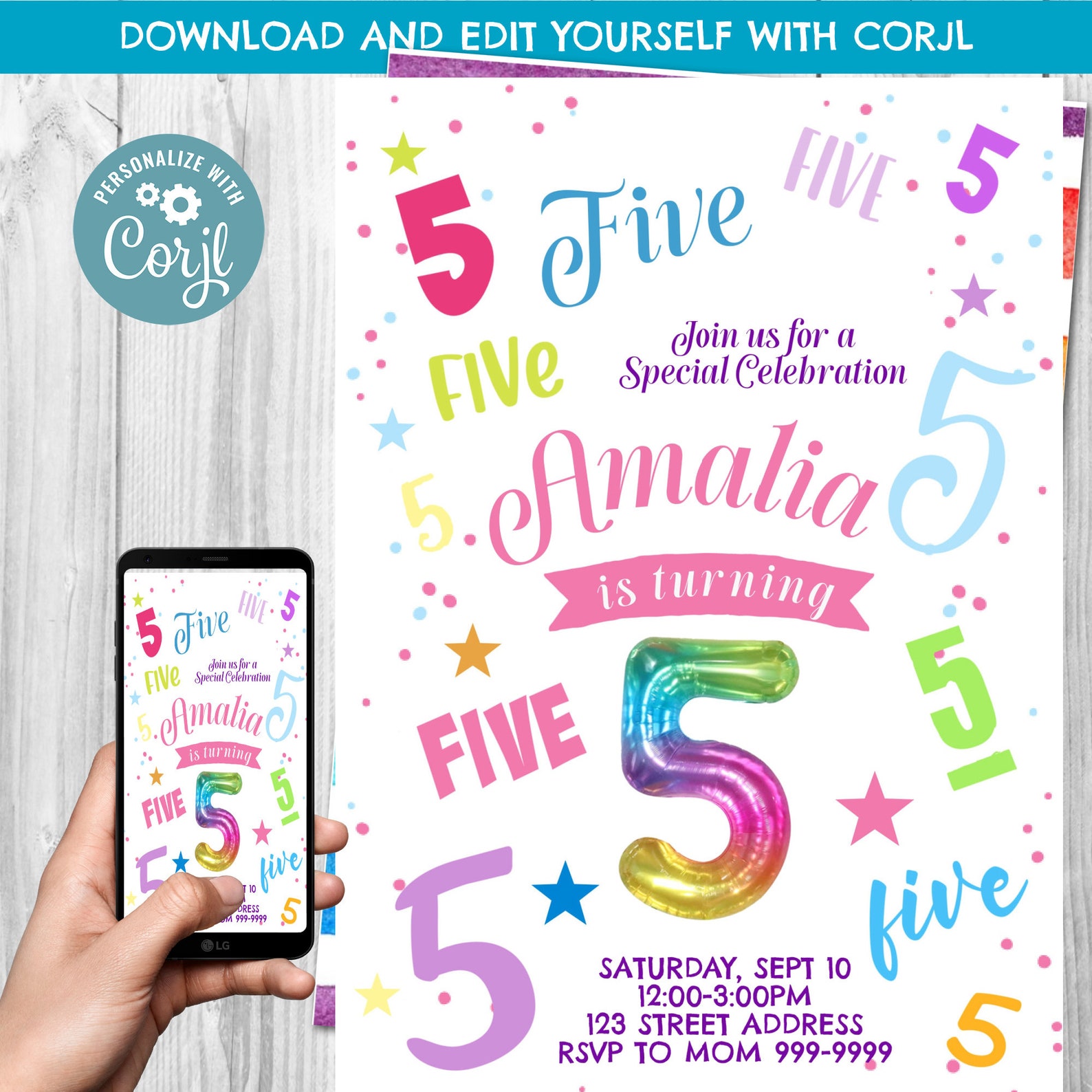 EDITABLE Fifth Birthday 5th Birthday Invitation 5th - Etsy