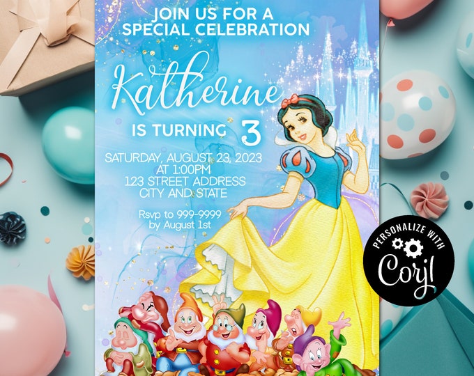 INSTANT DOWNLOAD Snow White Invitation Snow White Birthday Invitation ...