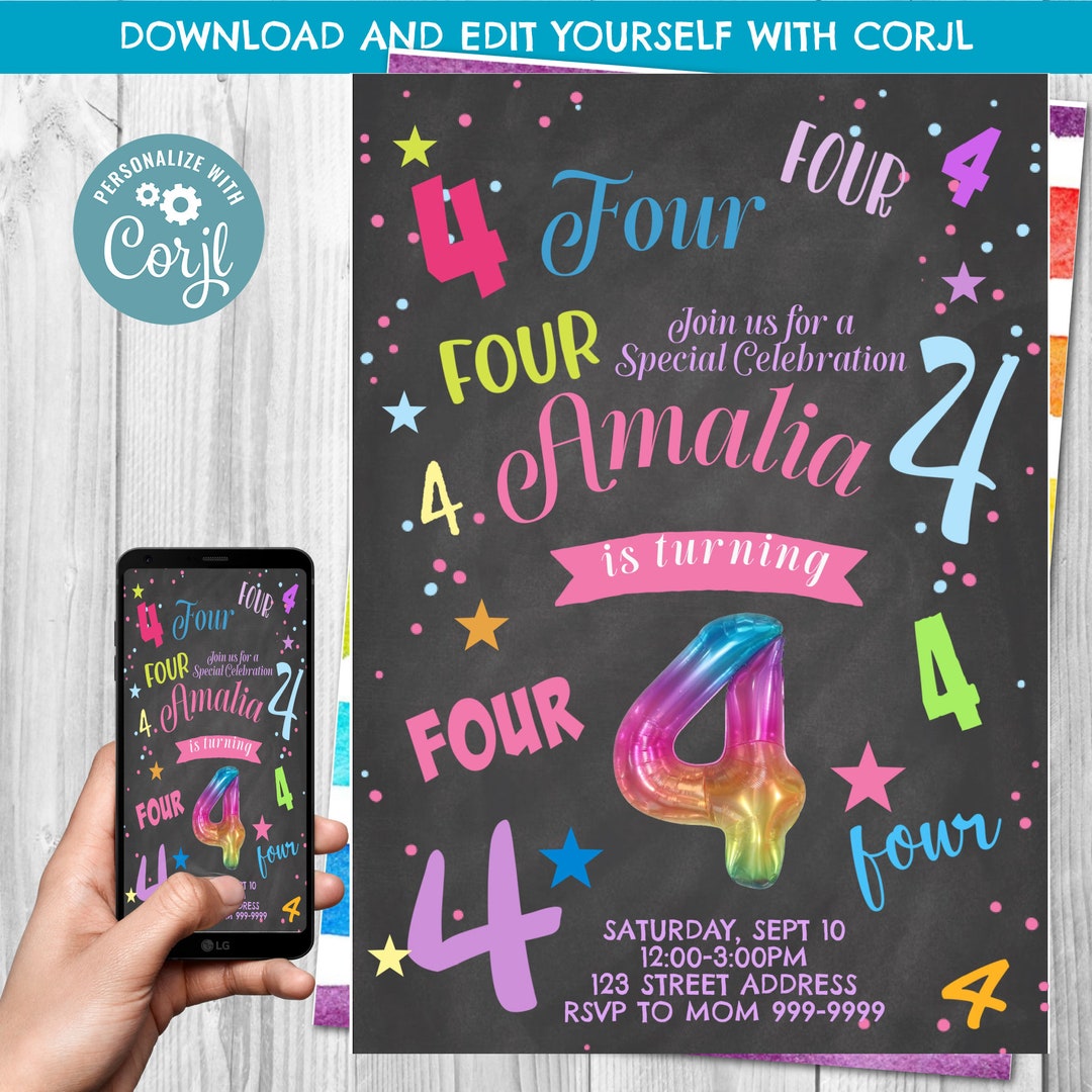 EDITABLE Fourth Birthday, 4th Birthday Invitation, 4th Birthday ...