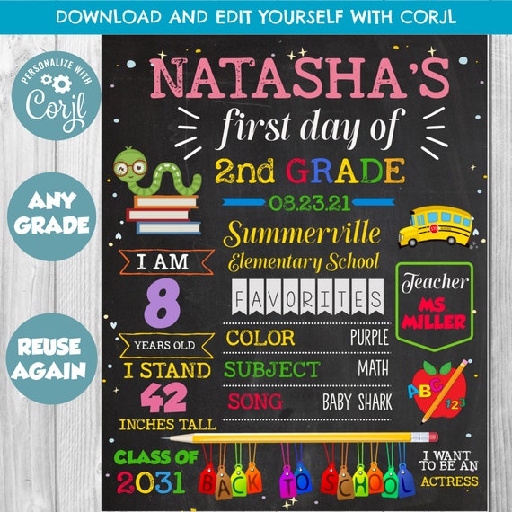 First Day of School Chalkboard Sign Editable DIGITAL FILE | Etsy