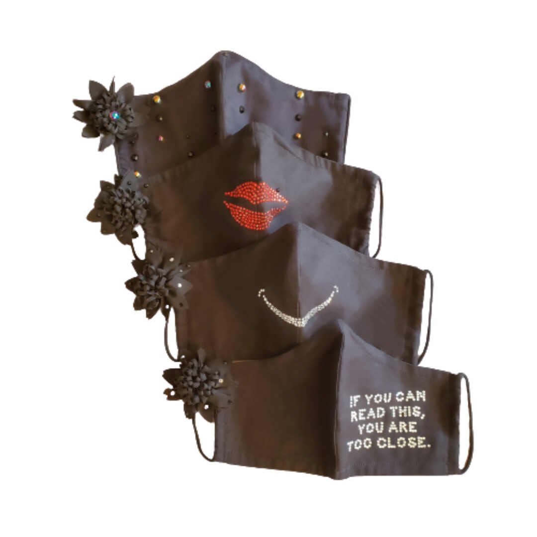 Unique, 100% Cotton, Black Embellished Face Masks With Removable Flower ...