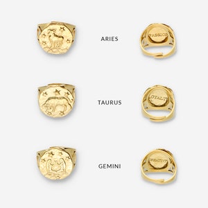 Personalized Gold Zodiac Ring, Engraved Astro Ring, Hammered Coin ...