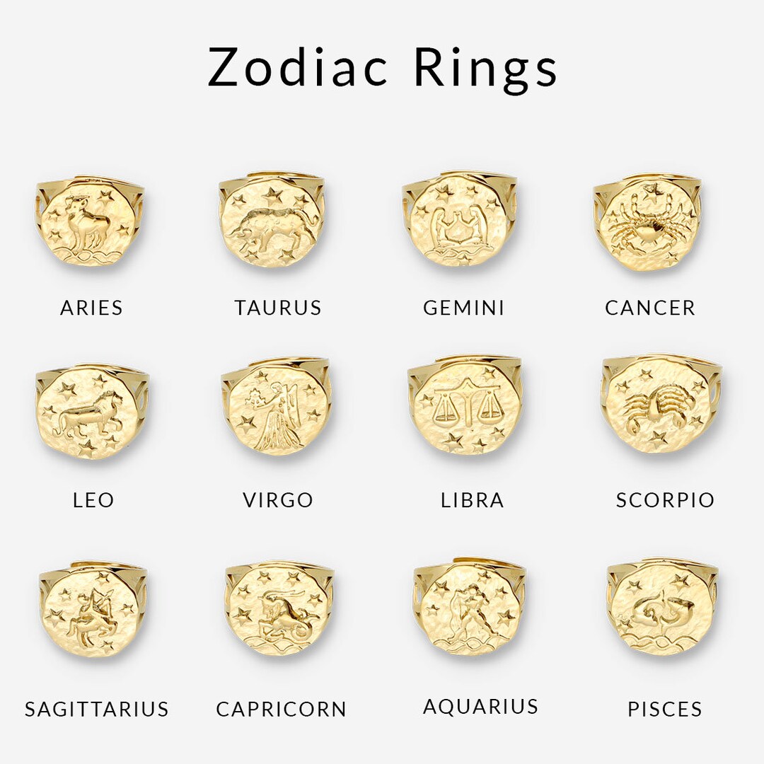 Personalized Gold Zodiac Ring, Engraved Astro Ring, Hammered Coin ...