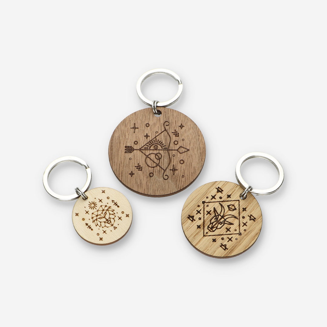 Personalized Wooden Zodiac Key Chain, Engraved Keyrings With Zodiac ...