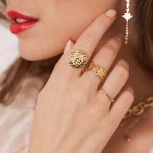 Personalized Gold Zodiac Ring, Engraved Astro Ring, Hammered Coin, Horoscope Ring, Celestial ...