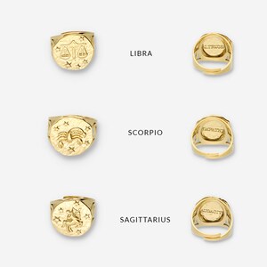 Personalized Gold Zodiac Ring, Engraved Astro Ring, Hammered Coin ...