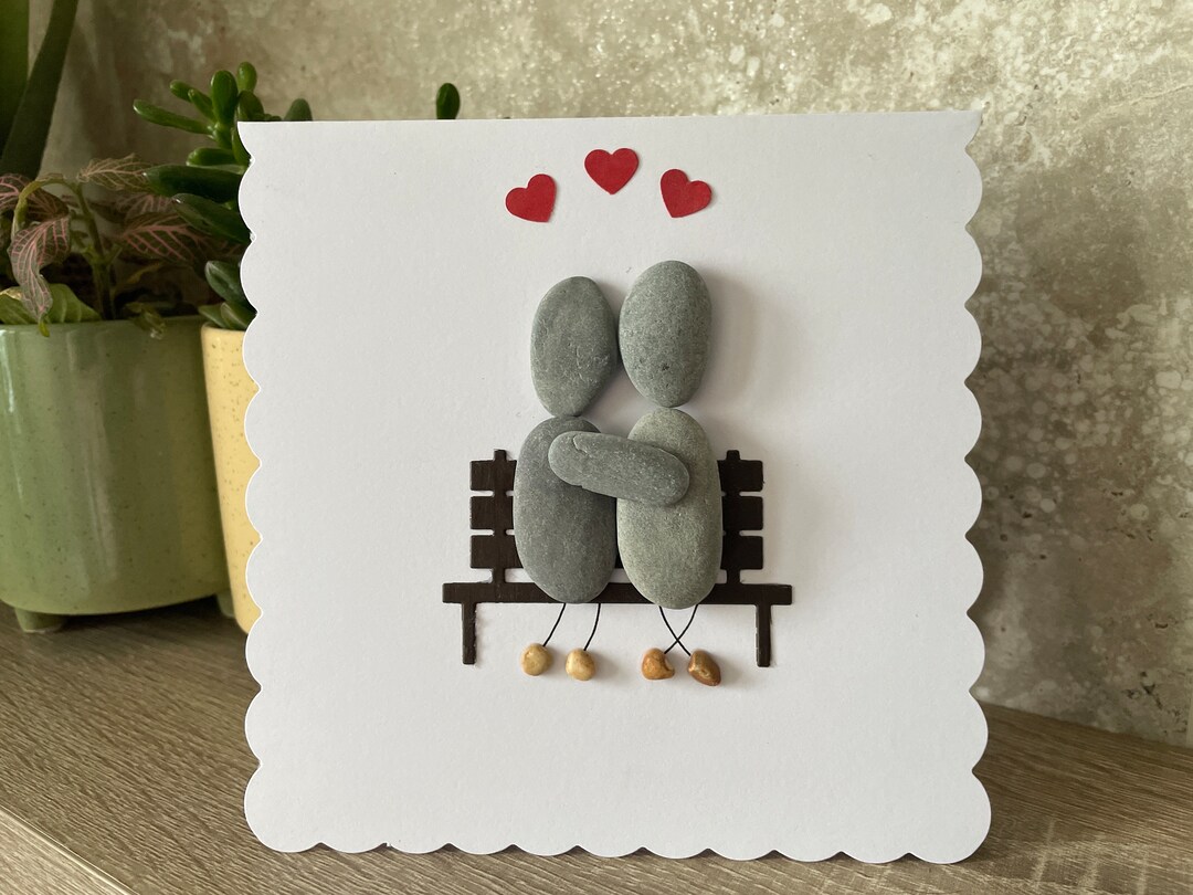 Romantic Pebble Couple on a Bench Greetings Card Anniversary Birthday ...