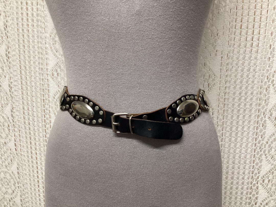 Vintage Metal Plate Rivet Leather Belt Black Oval Disc Belt - Etsy