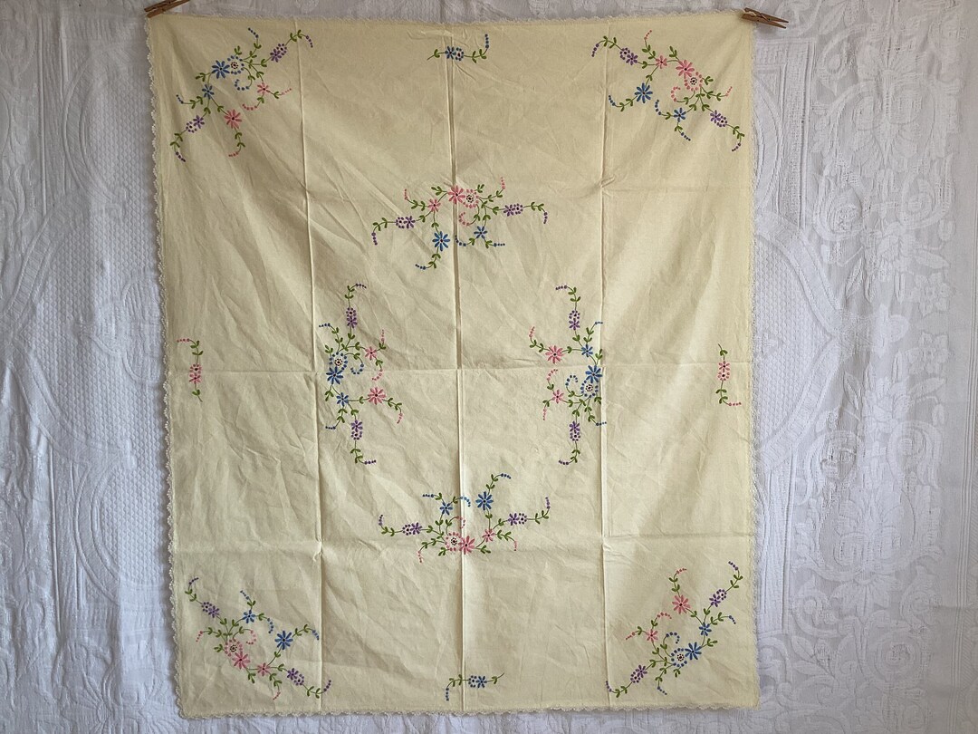 Antique Table Cloth and Five Napkins Rectangular Embroidery Floral ...