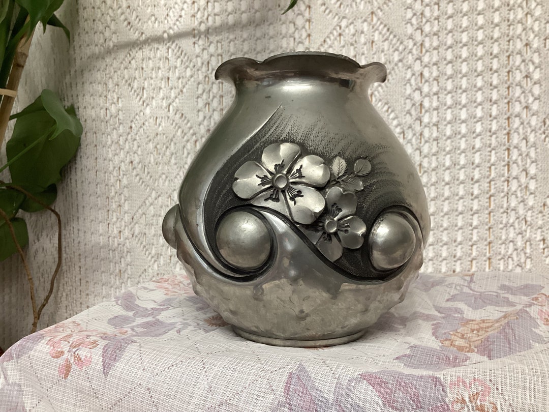 René Sitoleux Pewter Vase Floral Decor in Relief Vase Old Antique ...