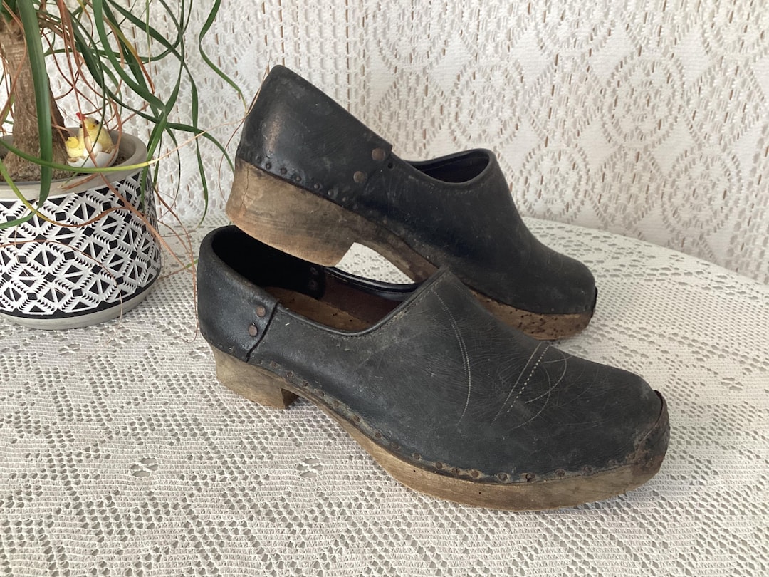 Vintage Antique French Leather and Wood Galoshes Clogs Country Clogs ...