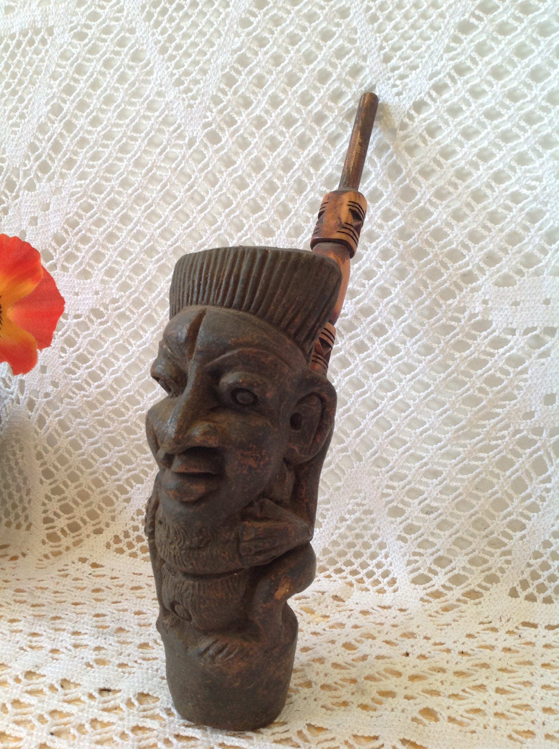 African Ethnic Pipe in Antique Terracotta Bamoun Statuette Pipe in ...