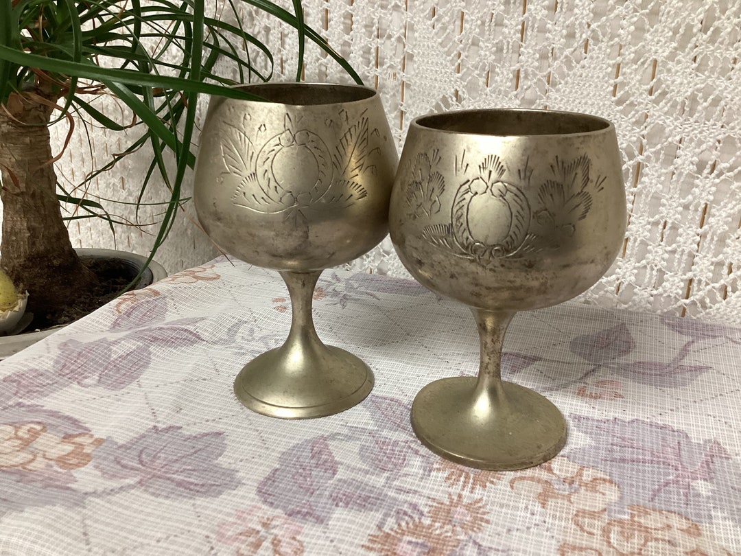 Two Vintage Metal Glasses Chiseled Glass - Etsy UK
