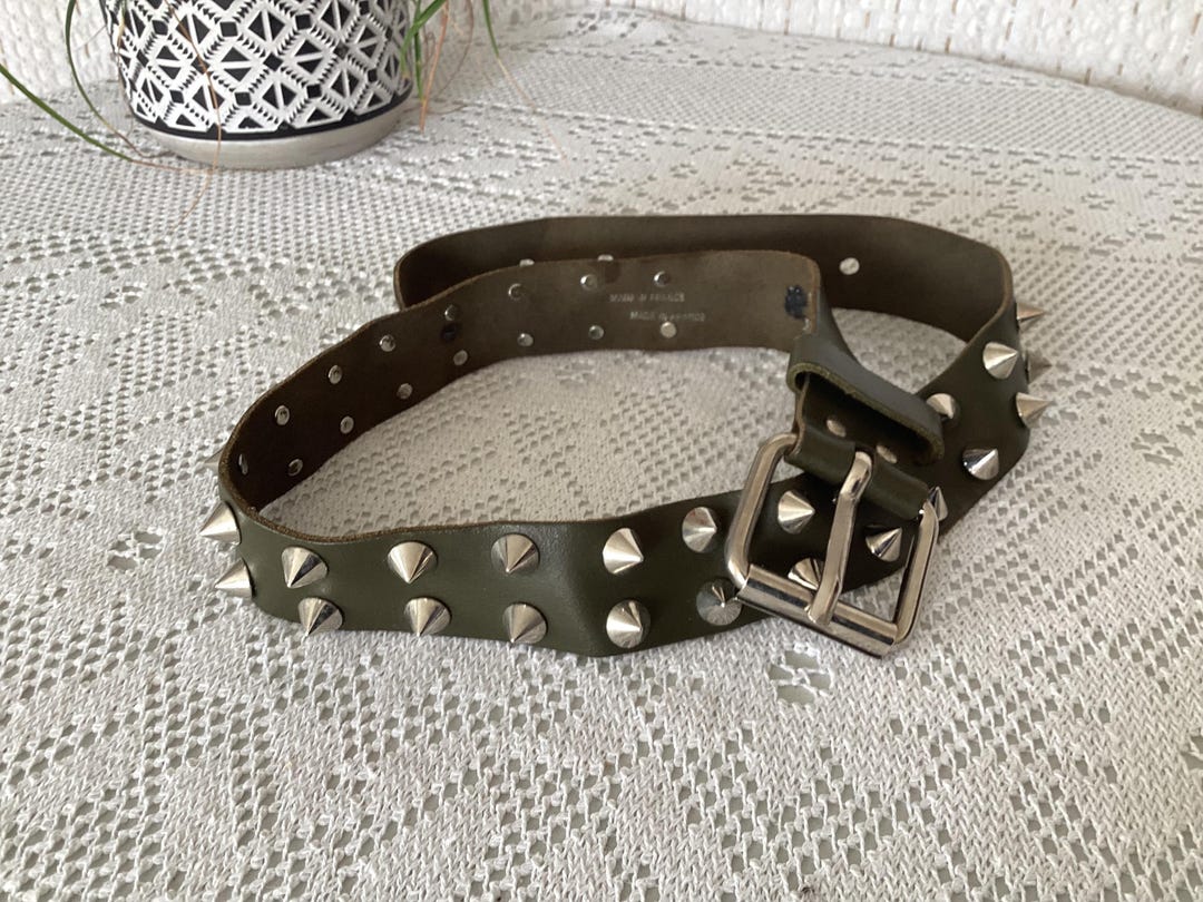 Vintage Leather Spiked Belt Studded Belt With Green Rivets Cowhide ...