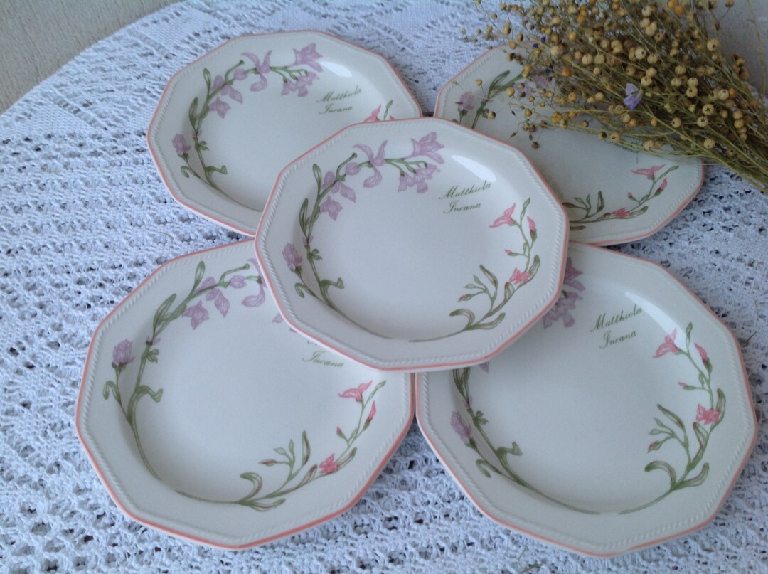 5 Small Ceramic Plates Vintage Floral Illustration Matthiola Incana ...