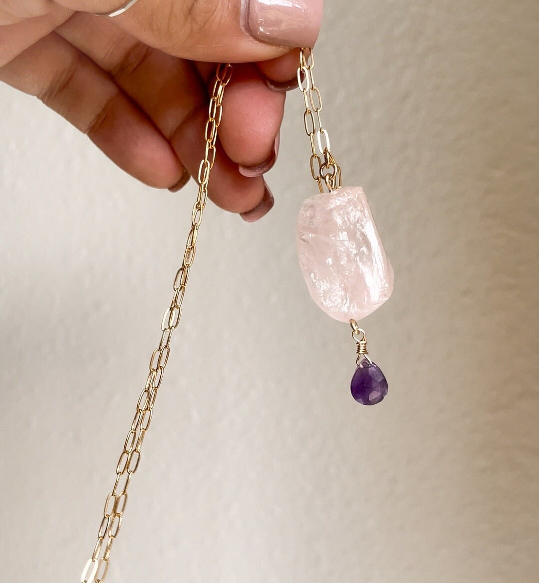 14k Gold Filled Paperclip Rose Quartz and Amethyst Necklace - Etsy