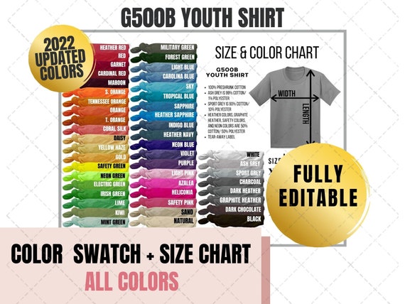 EDITABLE G500B Color Swatch Size Chart Youth Tshirt ALL - Etsy Australia