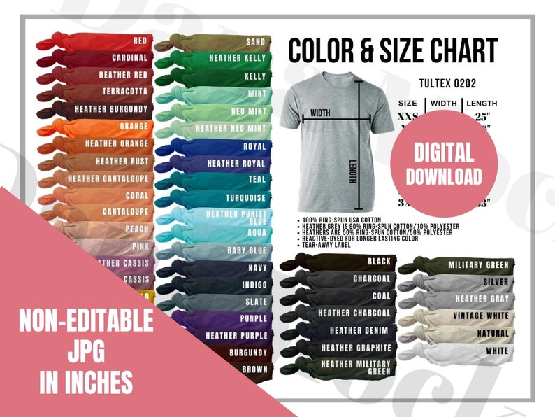 Tultex 202 Size Color Swatch Chart Unisex Fine Jersey | Etsy