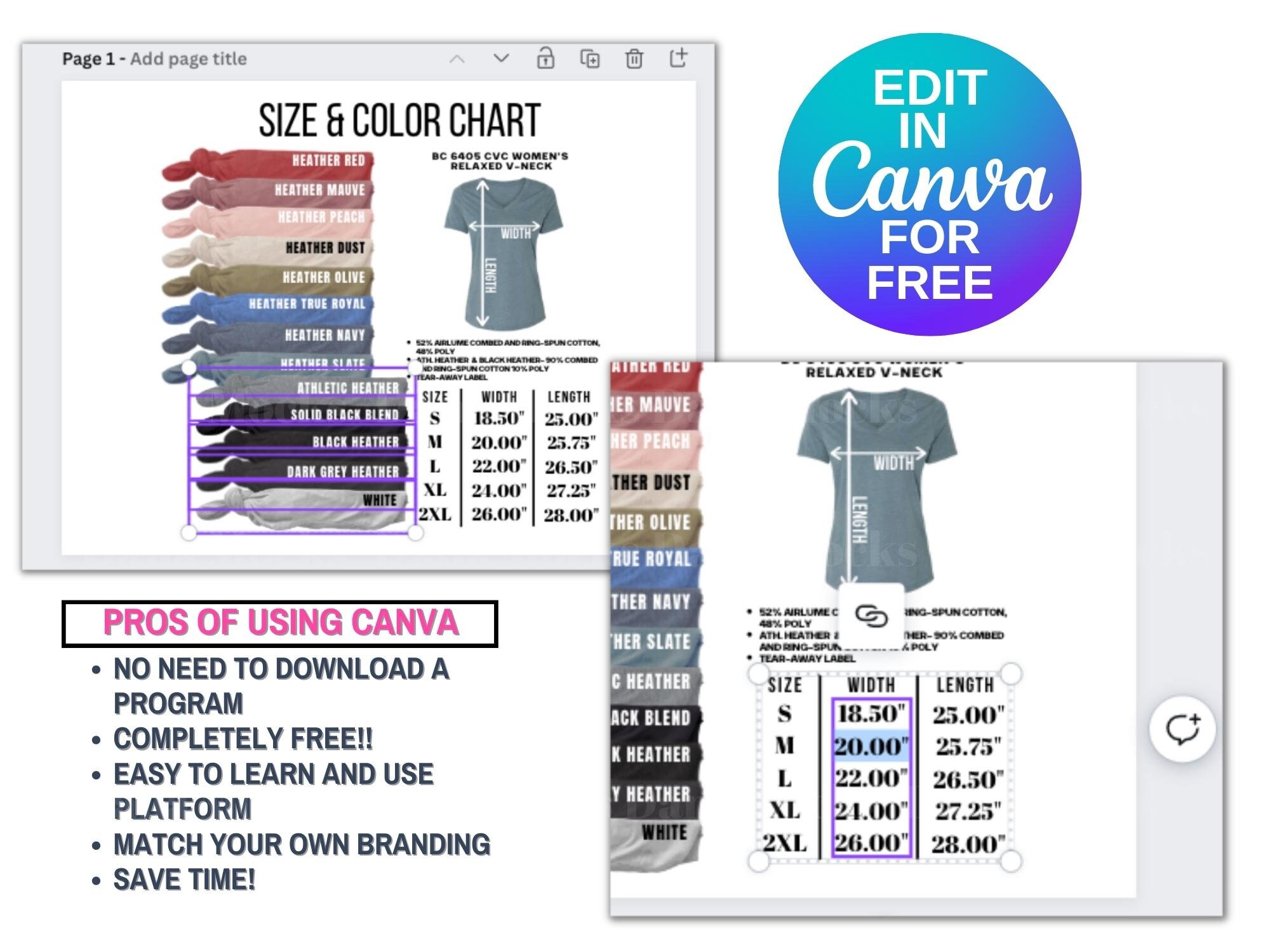 EDITABLE Bella Canvas 6405CVC Color & Size Chart for Ladies - Etsy