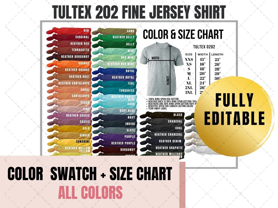 EDITABLE Tultex 202 Size Color Swatch Chart Unisex Fine Jersey - Etsy