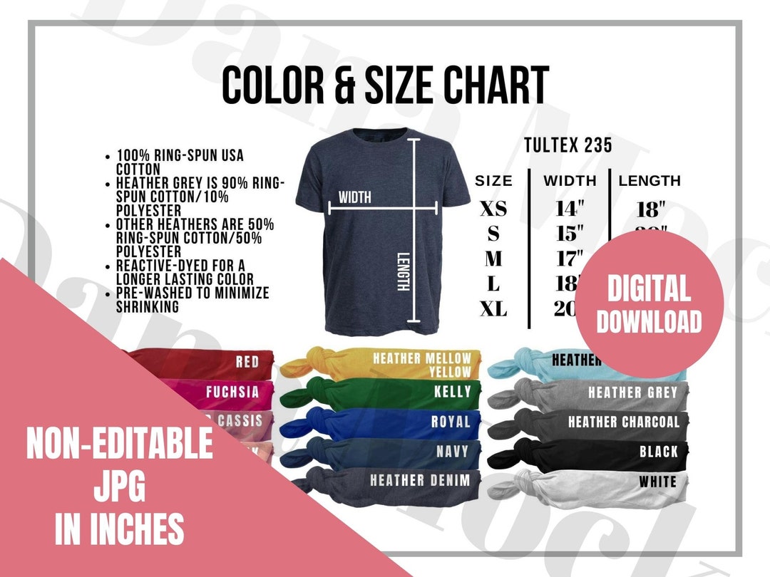 Tultex 235 Size Color Swatch Chart Unisex Youth Fine Jersey - Etsy