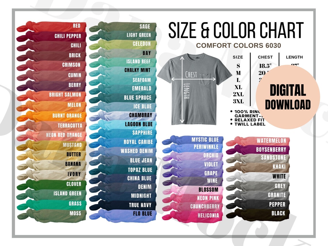 Comfort Colors 6030 Size Color Chart Pocket Shirt Size Etsy
