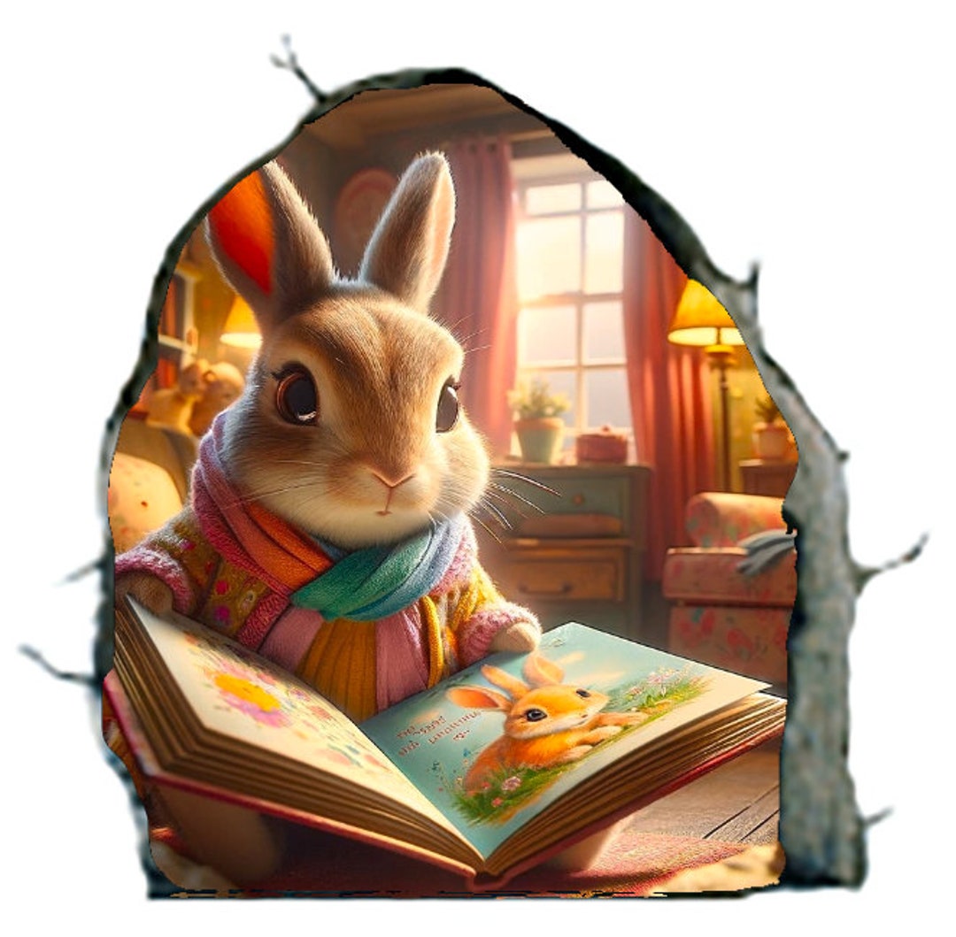 Cute Rabbit Reading a Book in a Hole Transparent Vinyl Decal "trompe L ...